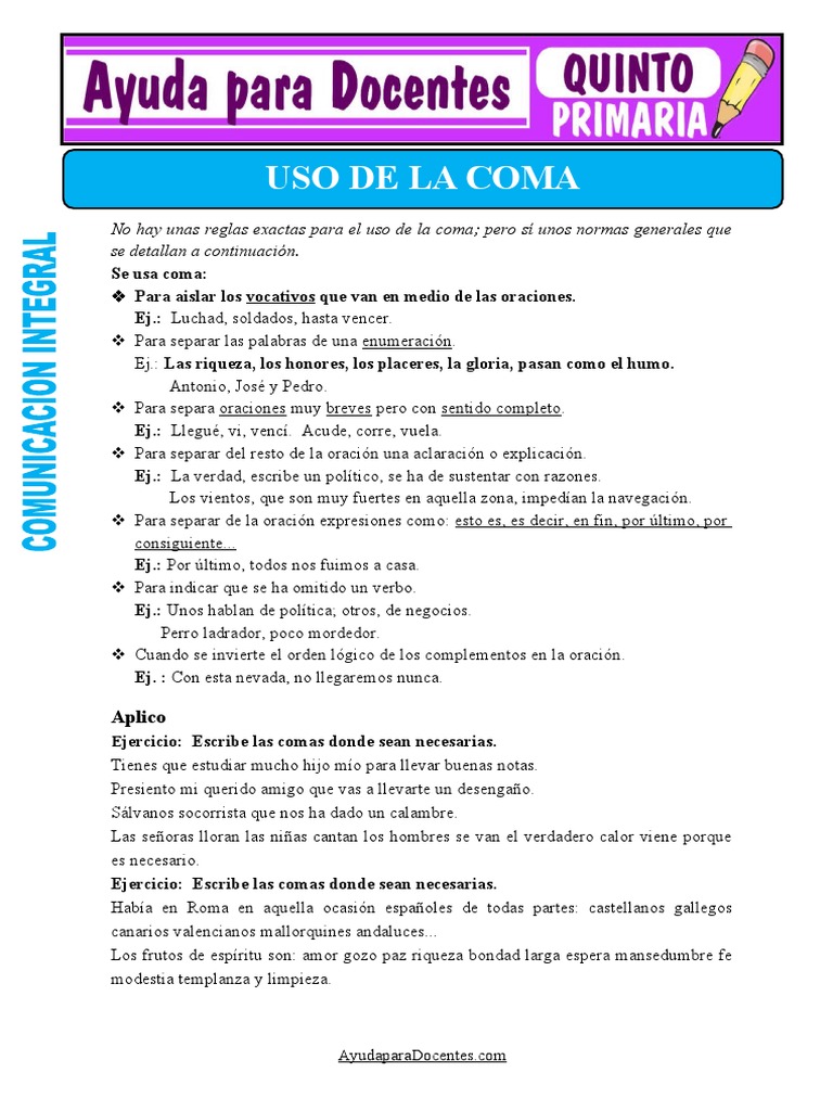 Uso de La Coma para Quinto de Primaria | PDF