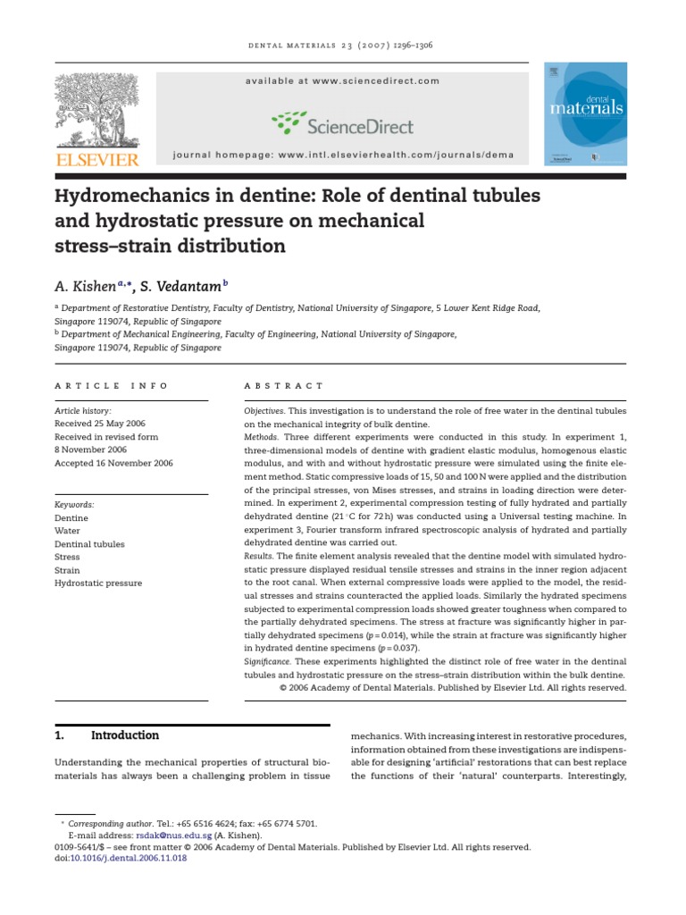 Kishen Hydormechanics in Dentine Role of Dentinal Tubules and Hydrostatic Pressure On Mechanical ...