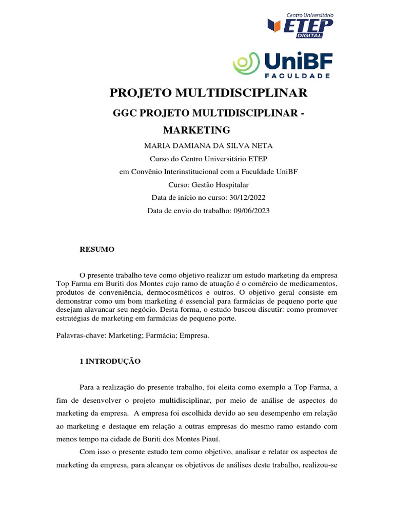 Modelo de Projeto Multidisciplinar II Silvia | PDF | Marketing | Farmacêutico