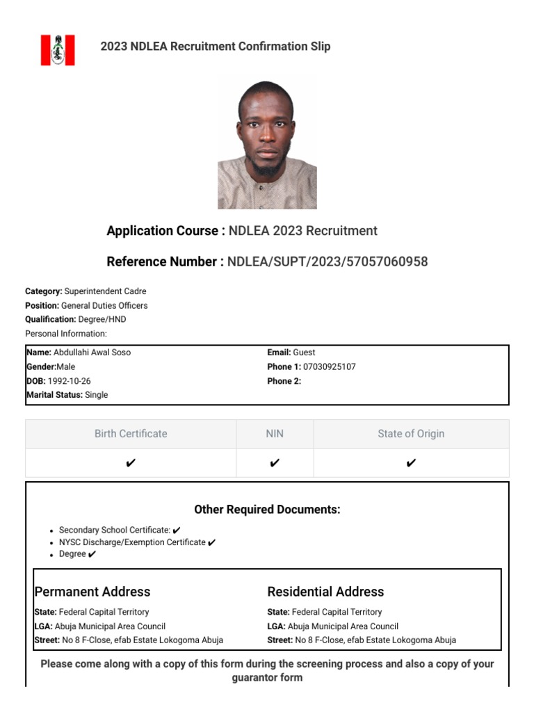 NDLEA 2023 Recruitment Confirmation Slip | PDF | Identity Document | Surety