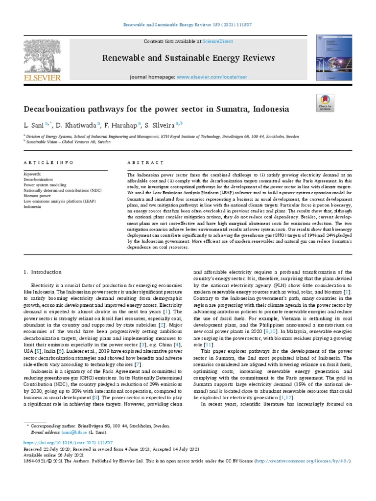 Decarbonization Pathways For The Power Sector in Sumatra, Indonesia ...