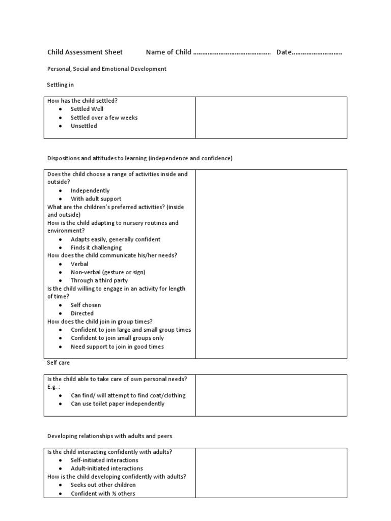 Child Development Assessment Template | PDF | Career & Growth | Self ...