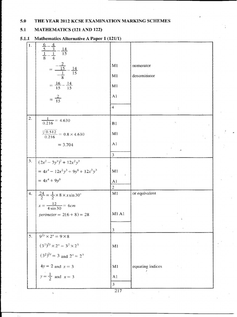 2012 KCSE MATHS P1 and P2 Alt A Marking Schemes | PDF
