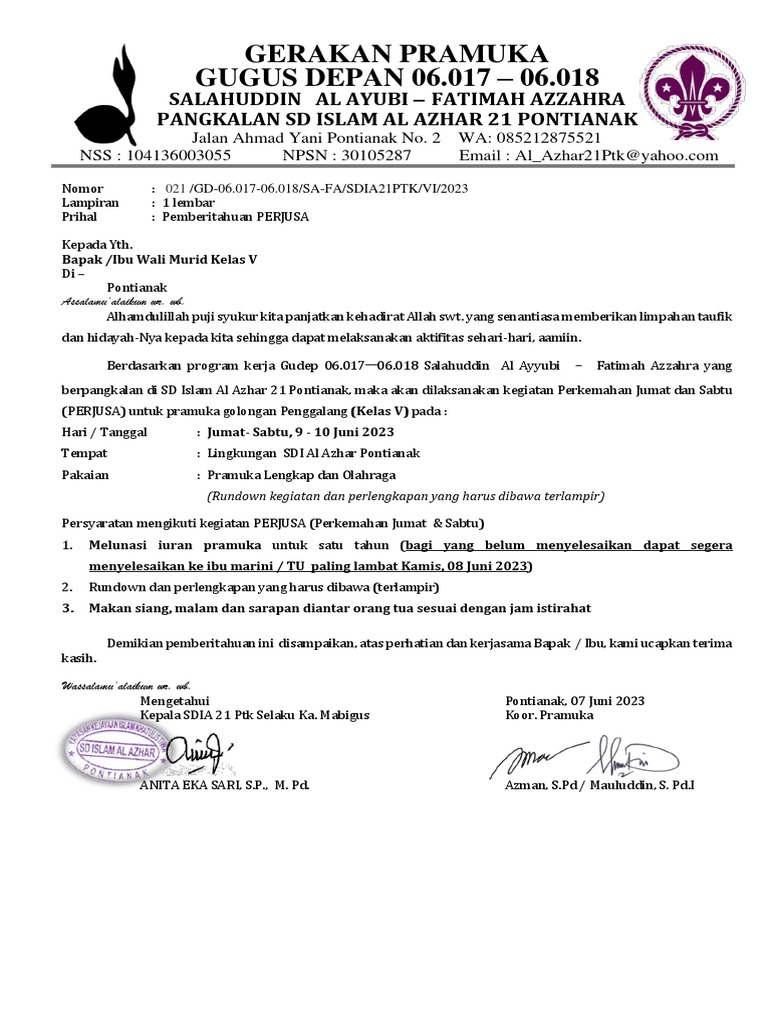 Pemberitahuan Kegiatan PERJUSA Pramuka | PDF