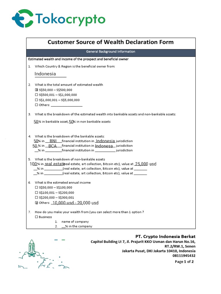 Tokocrypto Customer Source of Wealth Declaration Form | PDF