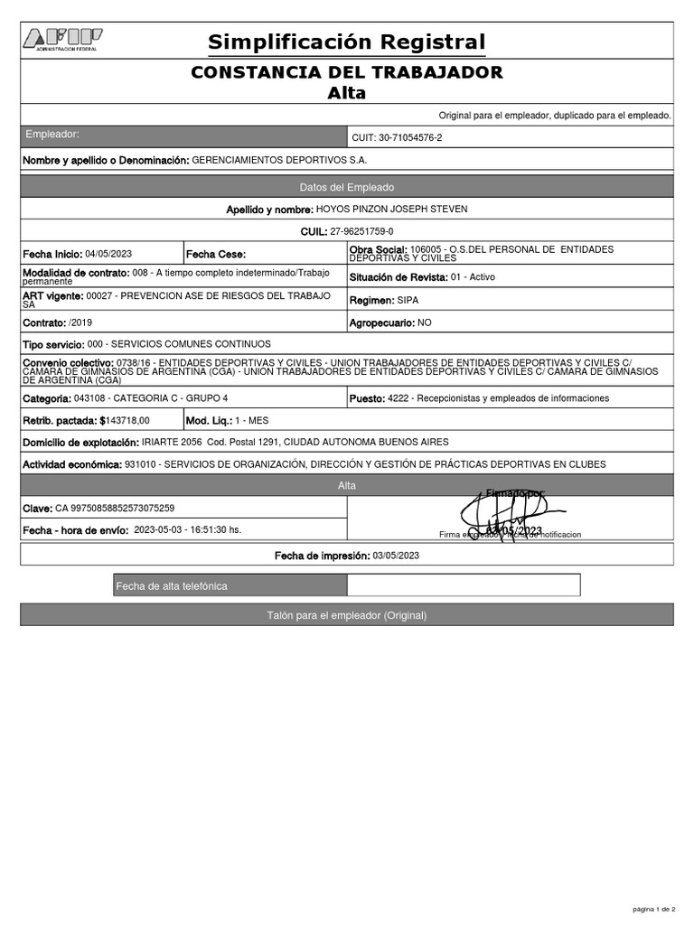 Simplificación Registral: Constancia Del Trabajador Alta | PDF | Economias