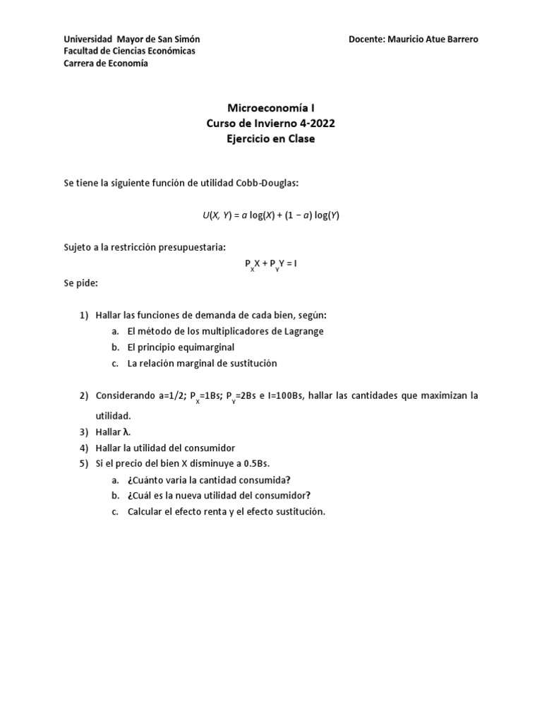Ejercicio en Clase - MICRO I 4-2022 | PDF