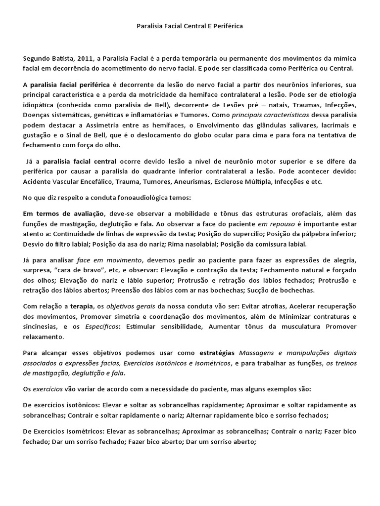 Paralisia Facial Central E Periférica | PDF | Medicina Clínica | Remédio Paralisia Facial Central E Periférica | PDF | Medicina Clínica | Remédio