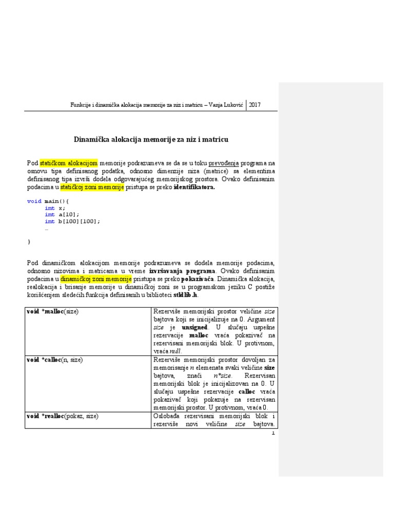 Funkcije I Dinamicka Alokacija Memorije Za Niz I Matricu | PDF
