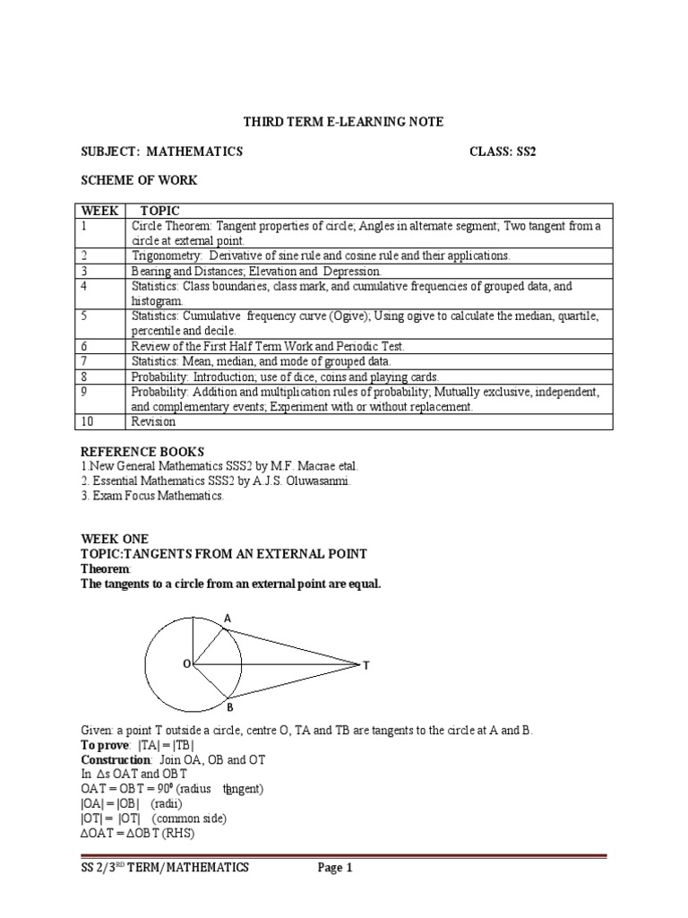 3rd Term S2 Mathematics Pdf Trigonometric Functions Circle