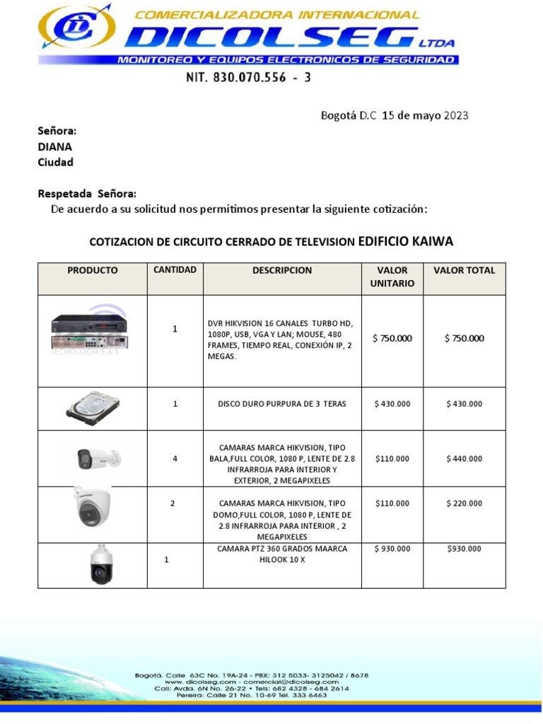 Cotizacion CCTV Sra Diana | PDF | Circuito cerrado de televisión | Multimedia