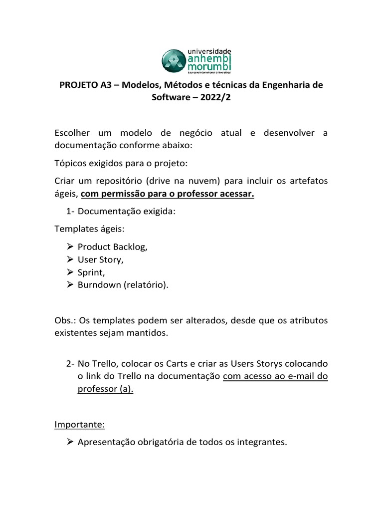 PROJETO A3 Modelos Engenharia SW | PDF