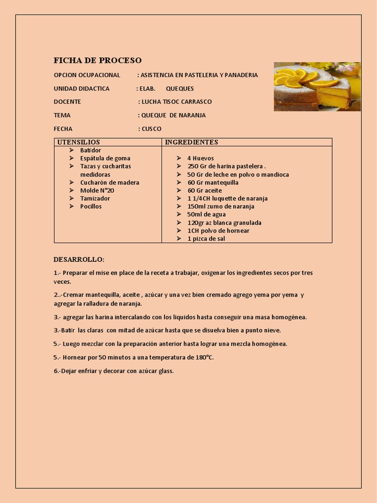 Queque de Naranja: Proceso de Elaboración | PDF