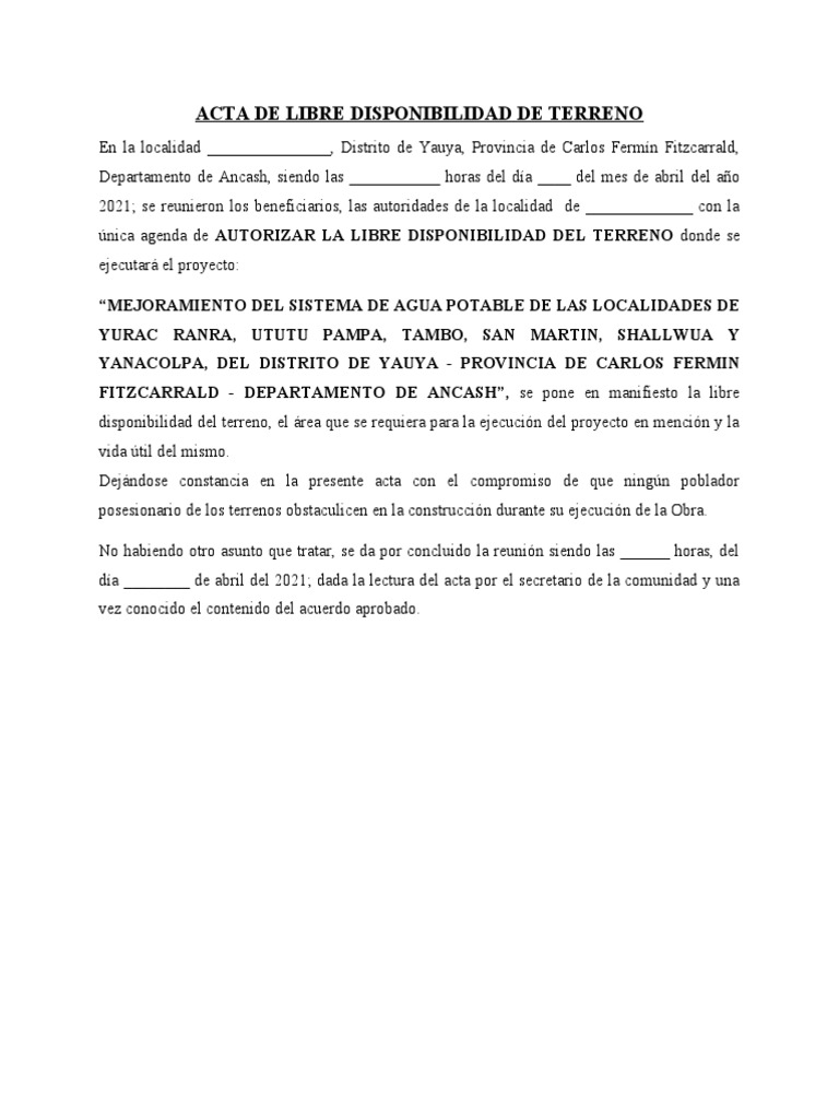 Acta de Libre Disponibilidad de Terreno 01 | PDF