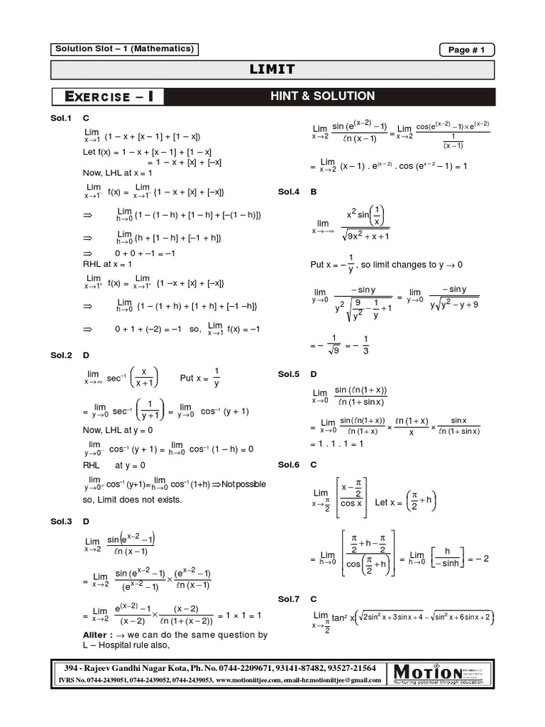 Answer Key Limit Motion Iit Jee | PDF