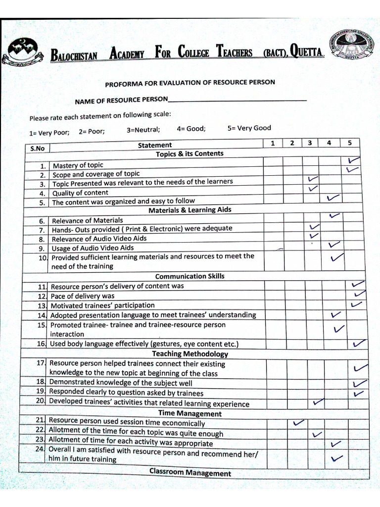 Proforma For Evalution of Resource Person | PDF