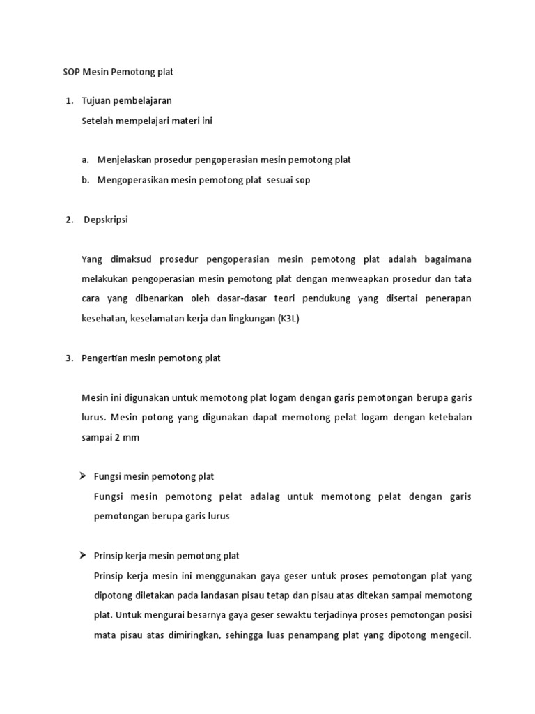 SOP Mesin Pemotong Plat | PDF