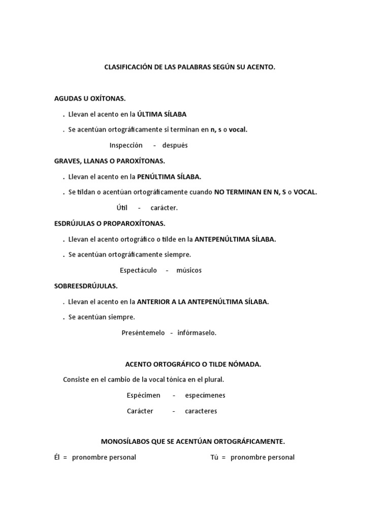 Clasificación de Palabras por Acento | PDF | Mecánica del lenguaje ...