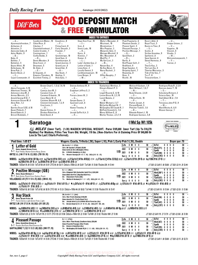 Saratoga Daily Racing Form Entries | PDF | American Racehorses | Horse ...