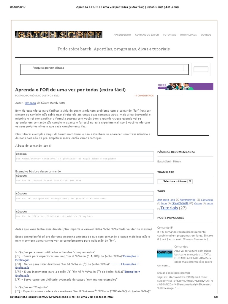 Aprenda o FOR de Uma Vez Por Todas (Extra Fácil) - Batch Script (.Bat .CMD) | PDF | Arquivo de ...