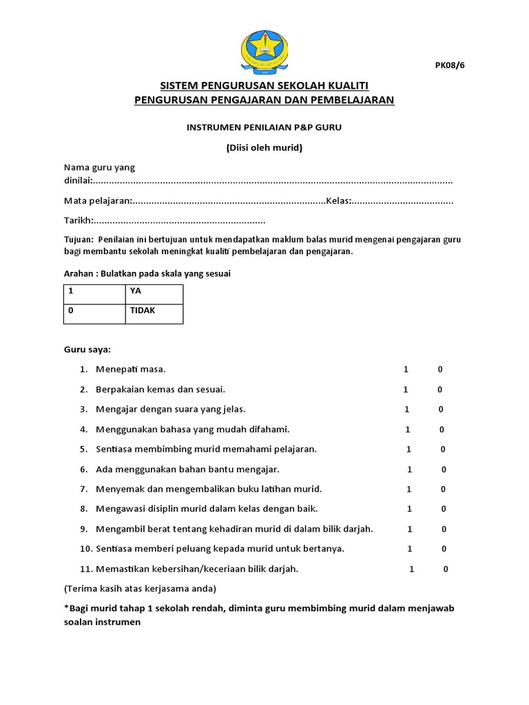 Borang MKLM Balas Murid KPD Guru (PDP) | PDF