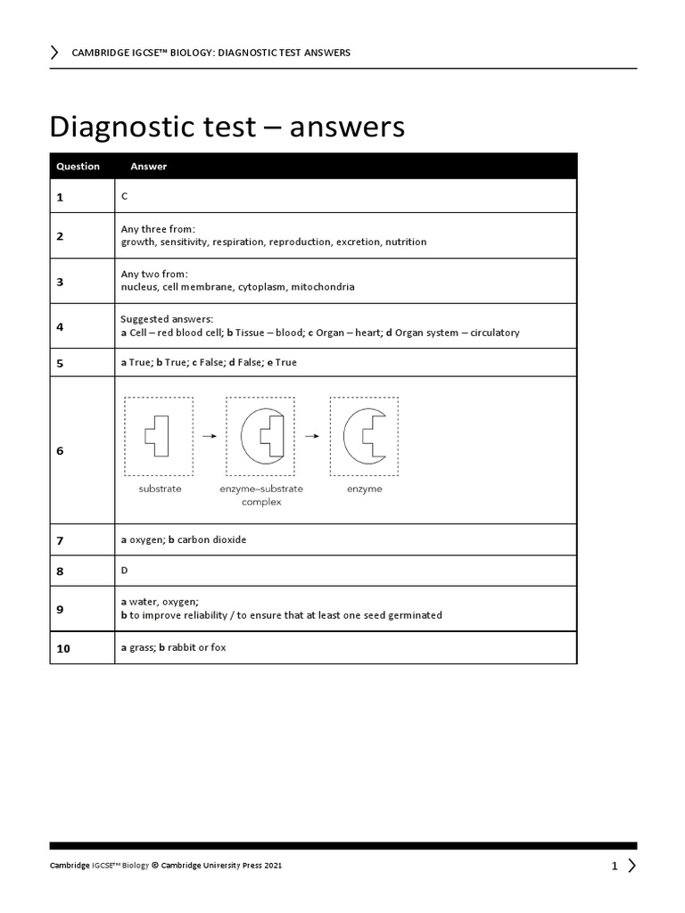 Diagnostic Test Answers IGCSE Biology Trigcse Biology 4ed TR Diagnostic ...