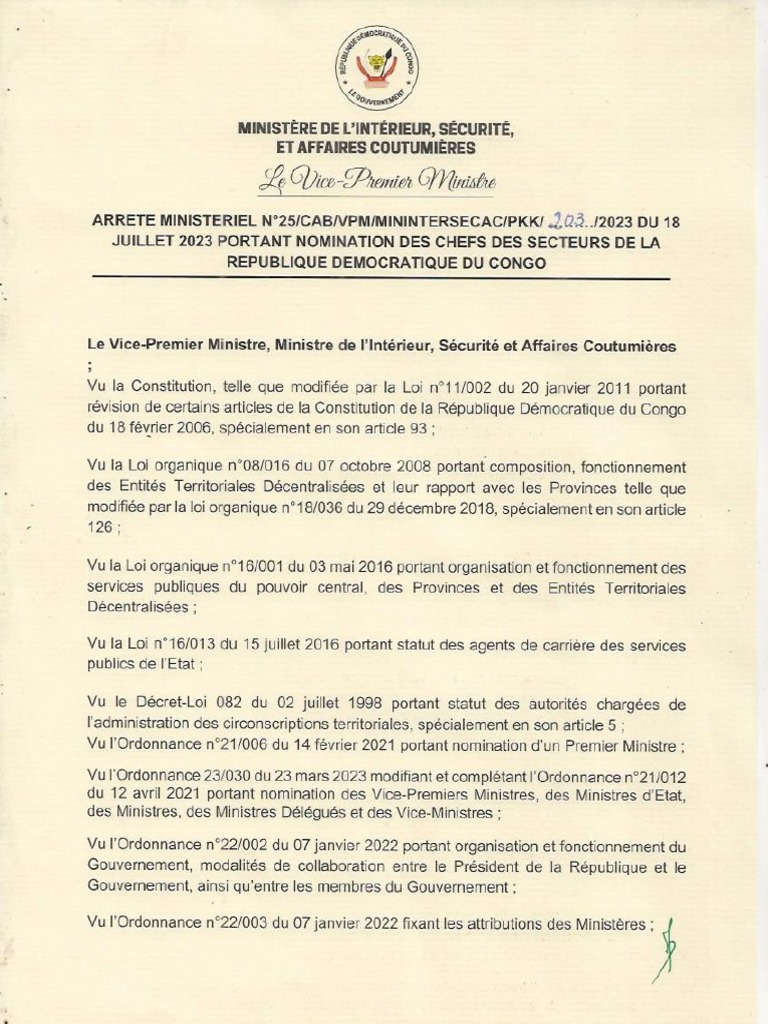 Arrete Ministeriel N - 25 - Cab - VPM - Minintersecac - PKK - 203 - 2023 Du 18 Juillet 2023 ...