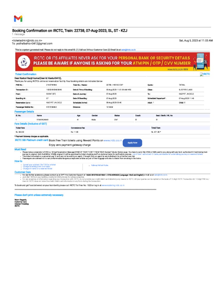 Gmail - Booking Confirmation On IRCTC, Train - 22738, 07-Aug-2023, SL ...