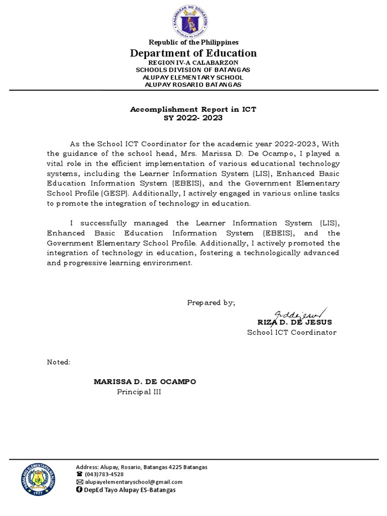 Accomplishment Report in ICT | PDF | Educational Technology | Intelligence