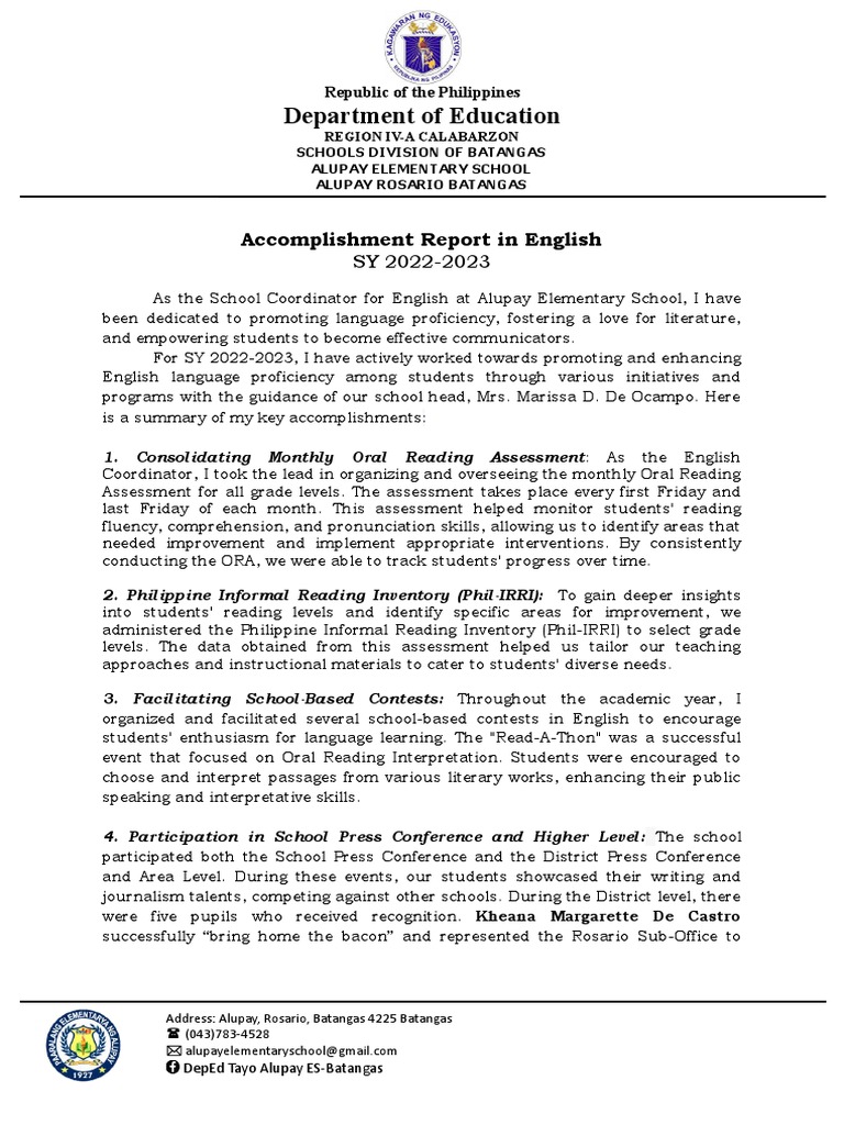 Accomplishment Report in English | PDF | Human Communication | Behavior ...