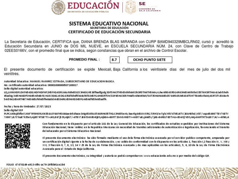 Certificado Secundaria Diana Blas 2009 | PDF
