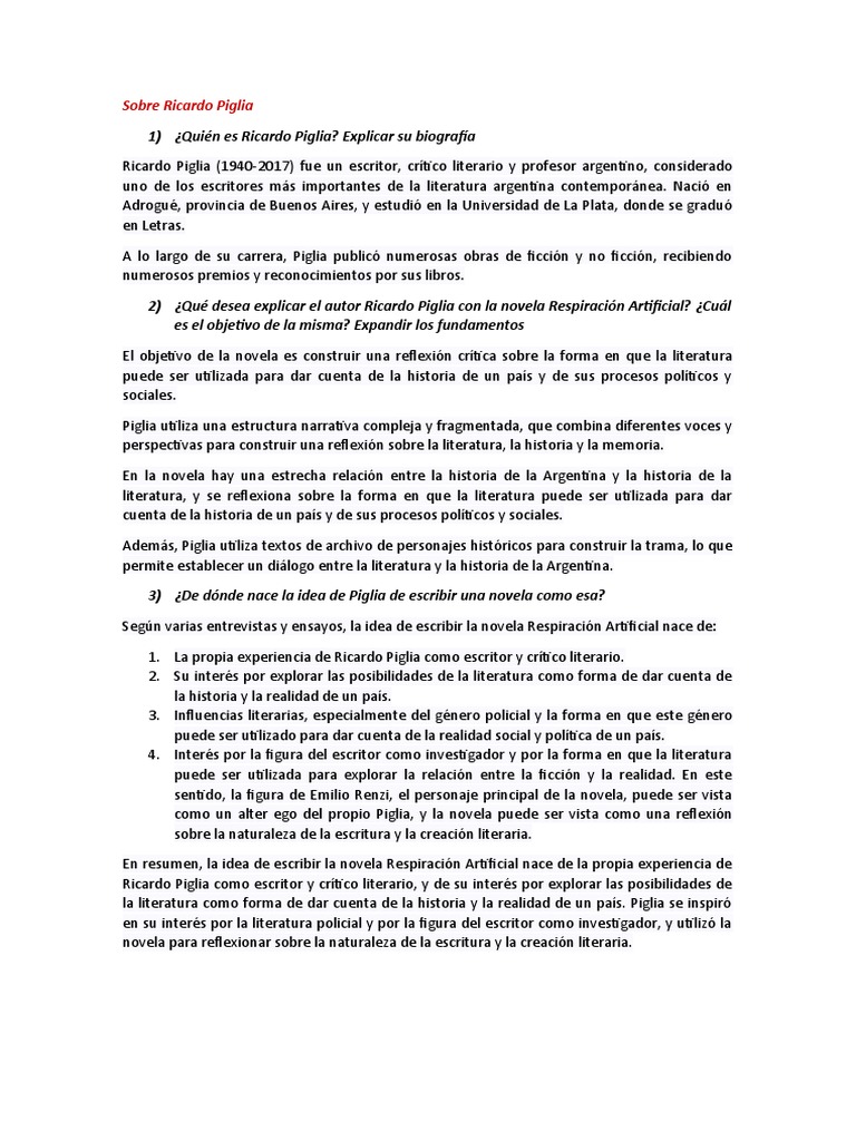 Historia de Respiración Artificial de Ricardo Piglia (Definitivo) | PDF ...