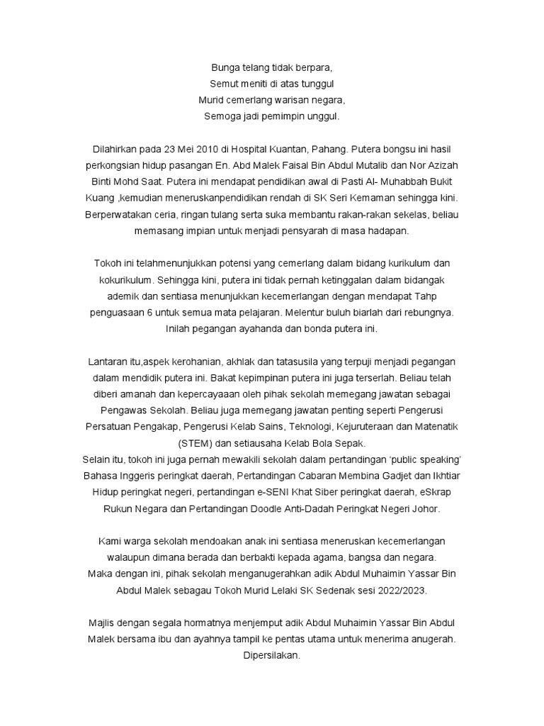 Tokoh Murid Lelaki | PDF