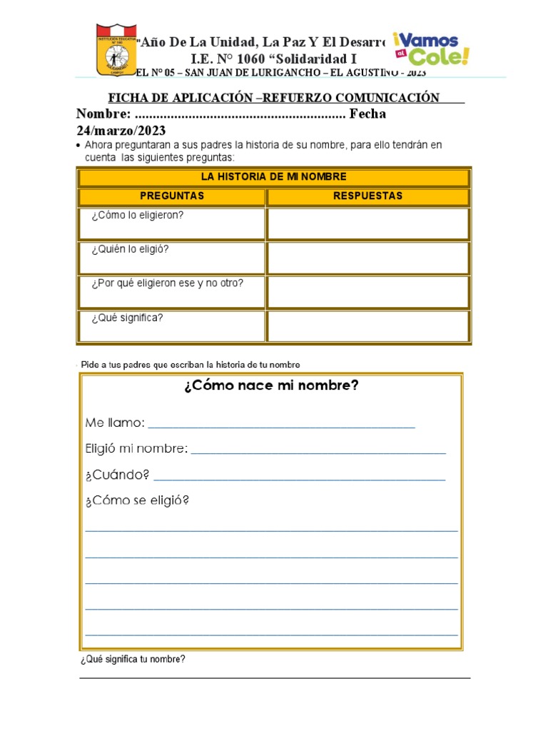 Ficha de Aplicacion 24 Marzo Historia de Mi Nombre | PDF