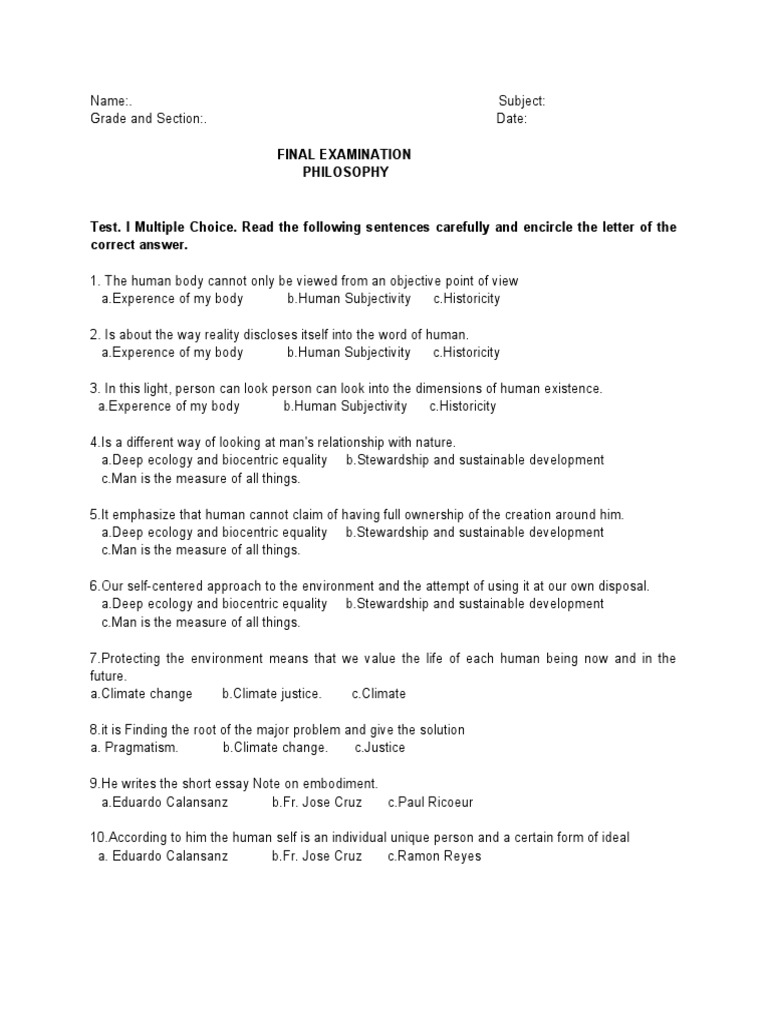 Final Examination Philosophy Grade 12 Gas-A | PDF | Sustainability ...
