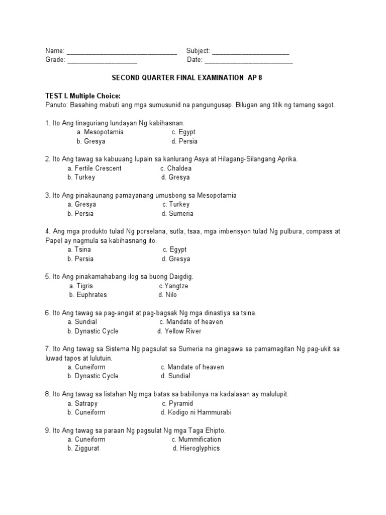 Filipino Reviewer Grade 8 2nd Quarter Physical Education