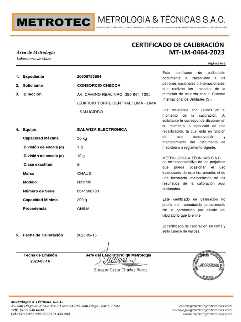 CERTIFICADO DE CALIBRACION - BALANZA 30kg | PDF | Calibración | Metrología
