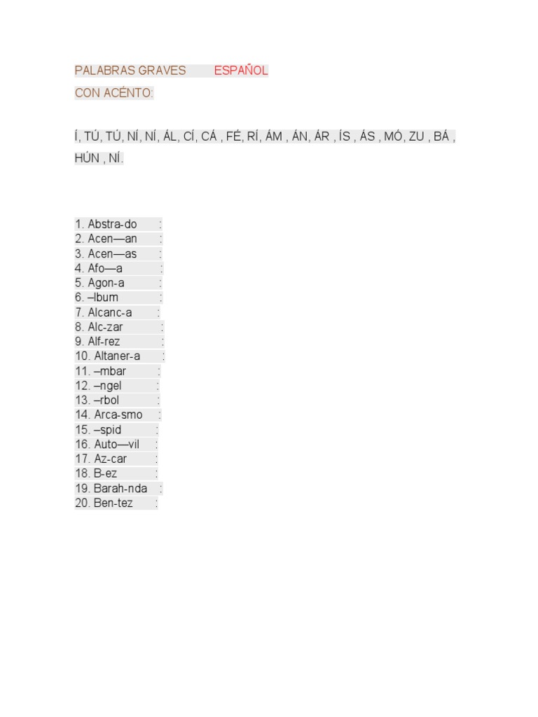 Palabras Graves Español | PDF | Artes del Lenguaje y Comunicación ...