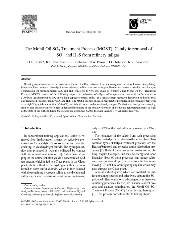 MOST Process Catalitic Removal of SOx and H2S From Refinery Tail Gas ...