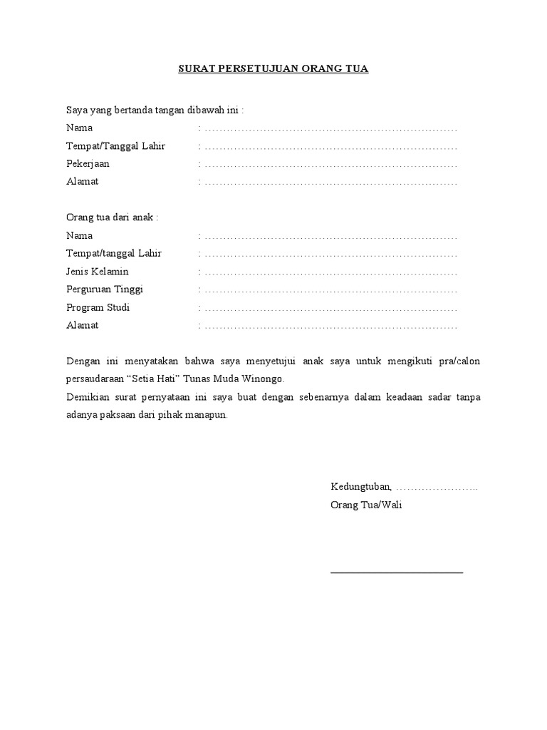 SURAT PERsetujuan Orang Tua SH Winongo | PDF SURAT PERsetujuan Orang Tua SH Winongo | PDF