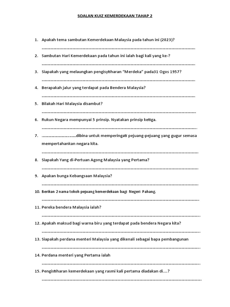 Soalan Kuiz Kemerdekaan Tahap 2 | PDF
