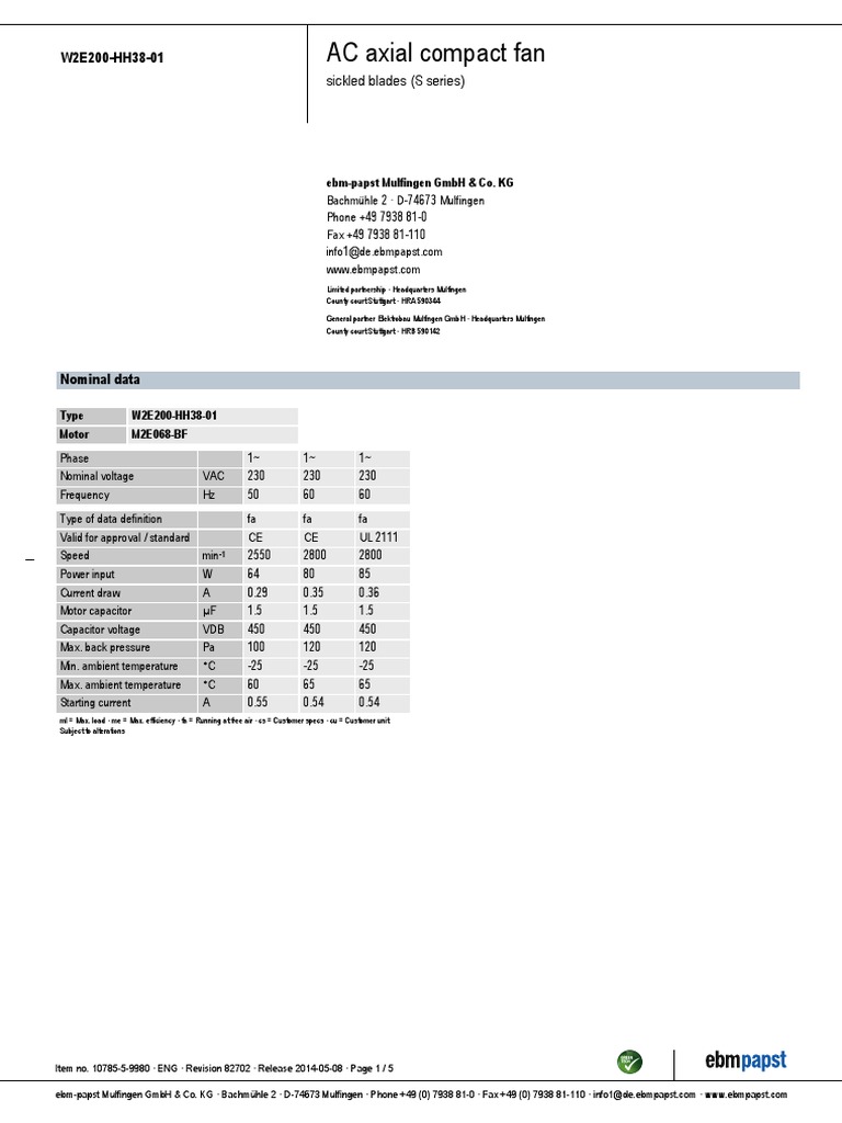 Ebmpapst W2e200-Hh38-01 | PDF | Electric Motor | Alternating Current