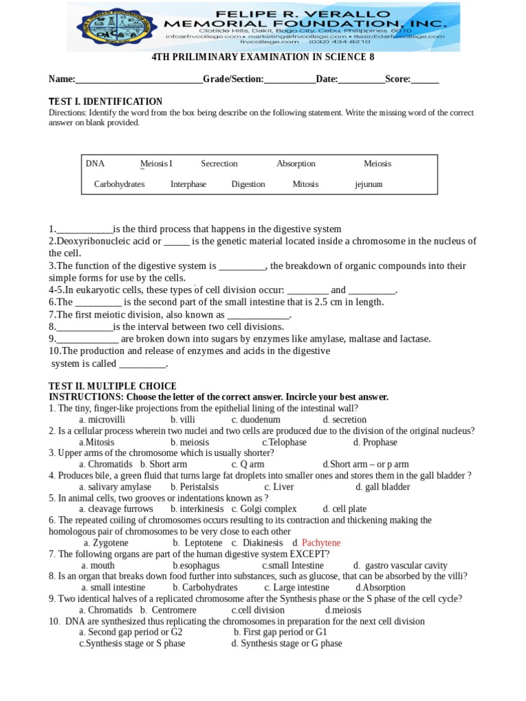 Cell Division and Digestion in Grade 8 | PDF | Meiosis | Digestion