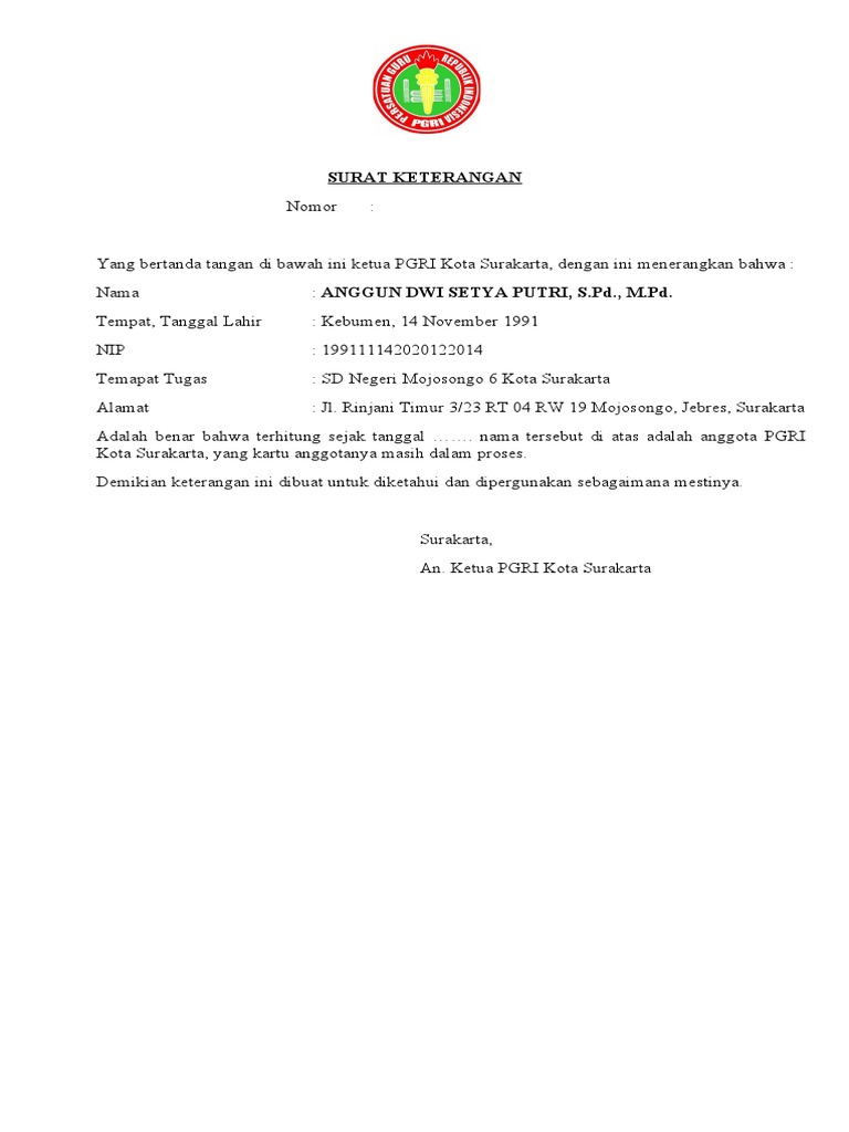 SURAT KETERANGAN Anggota PGRI | PDF