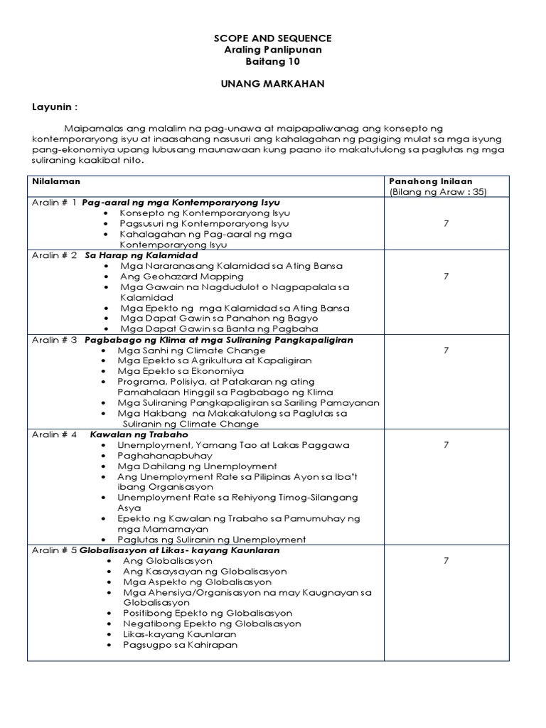 Grade 10 Scope and Sequence Grade 10 (Kontemporaryong Isyu) | PDF