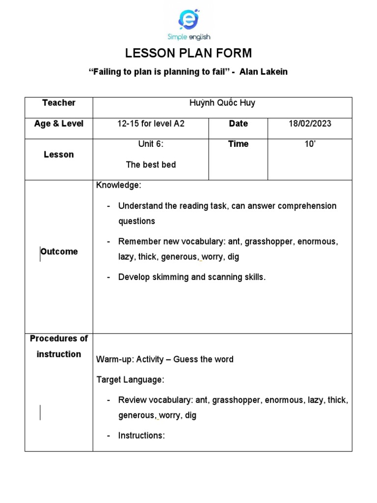 Lesson Plan For Ant and Grasshopper | PDF | Cognition | Neuroscience