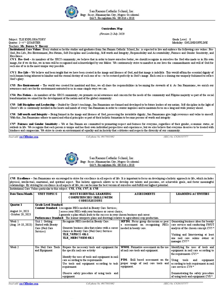 TLE Exploratory Curriculum Map for Grade 8 | PDF | Occupational Safety ...