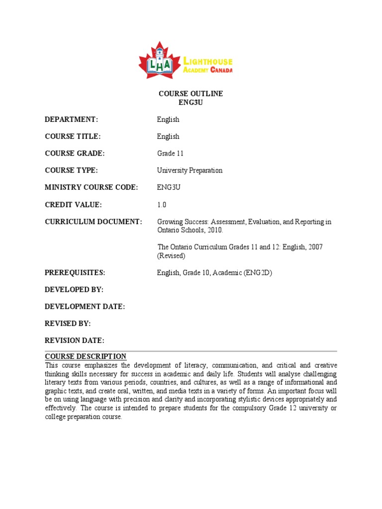 ENG3U - CourseOutline | PDF | Teachers | Literacy