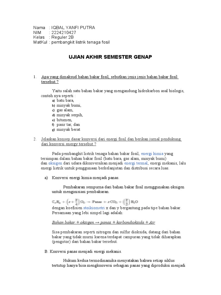 Jawaban Uas Tenaga Fosil - Iqbal Yanfi Putra - 2224120427 | PDF