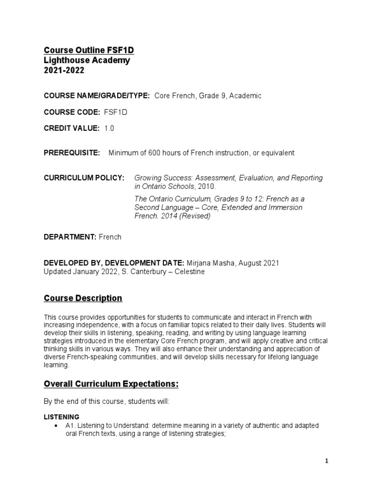 Course Outline FSF1D | PDF | Educational Assessment | Learning